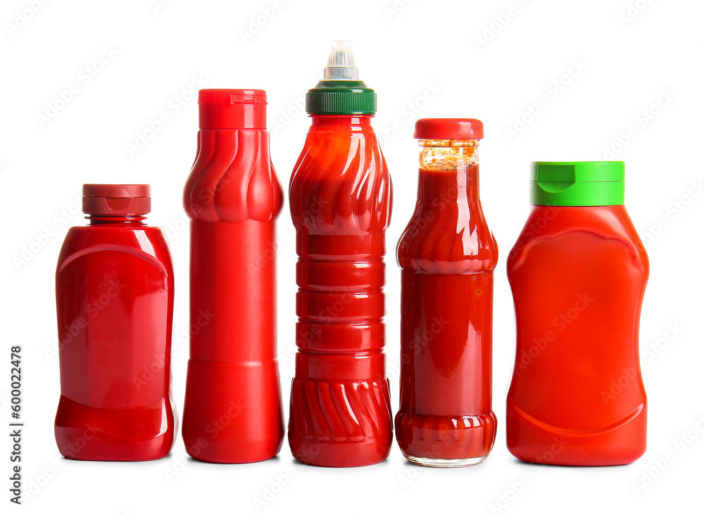 Bottles of ketchup on white background Stock Photo | Adobe Stock
