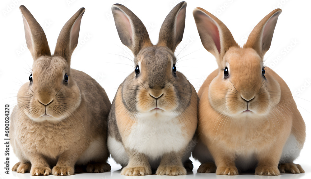 three rabbits sitting next to each other in front of a white background ...