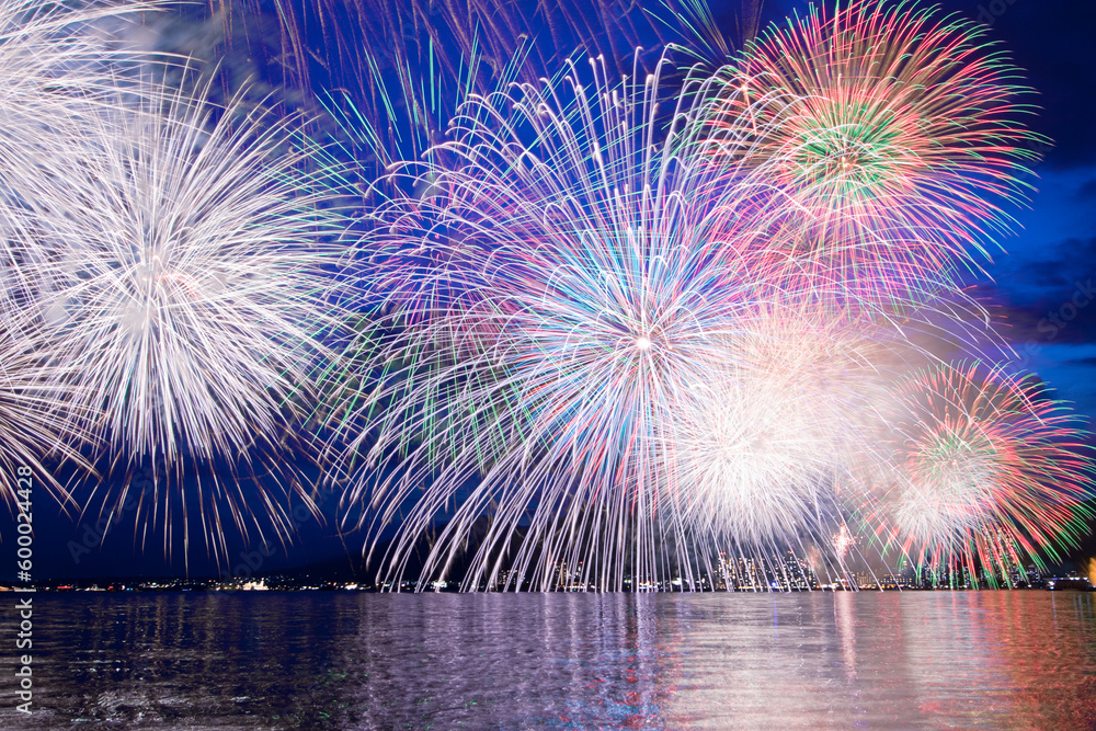 Fireworks display is a typical summer scene in Japan. Colorful ...