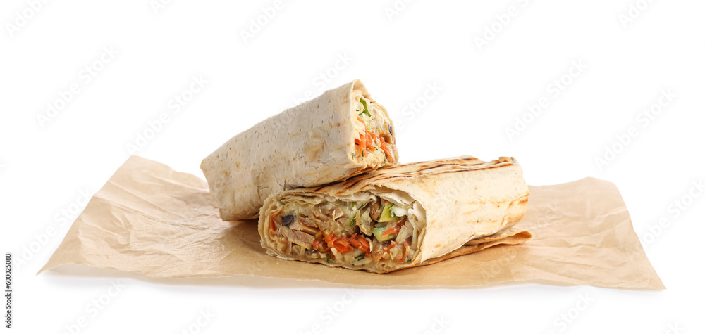 Baking paper with tasty shawarma on white background Stock Photo ...