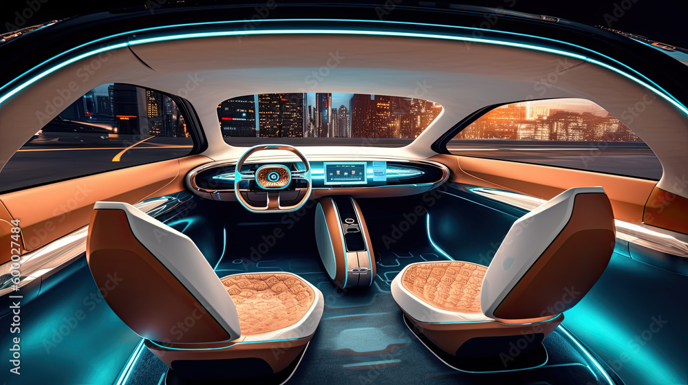 Inside futuristic car. Neon auto, modern interior and road grid ...