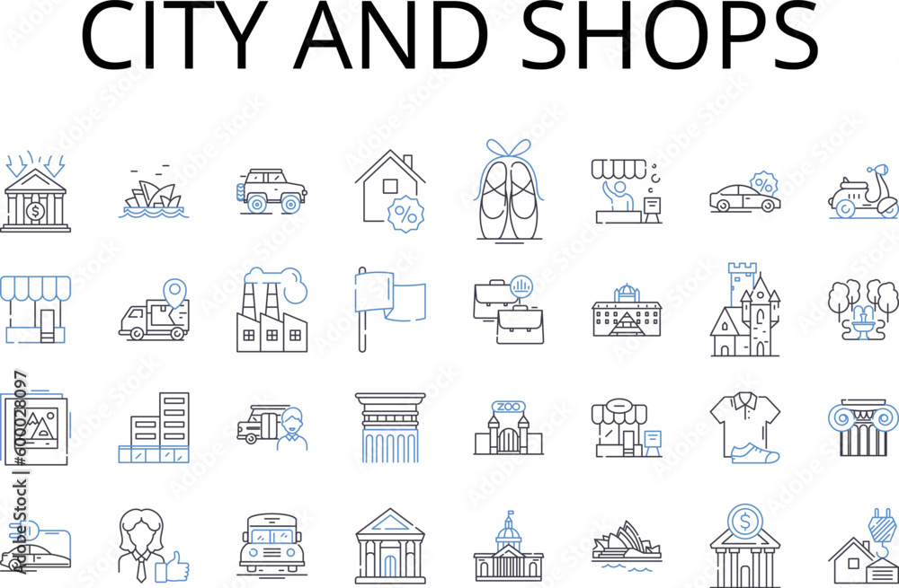 City and shops line icons collection. Urban area, Downtown, Metropolis ...