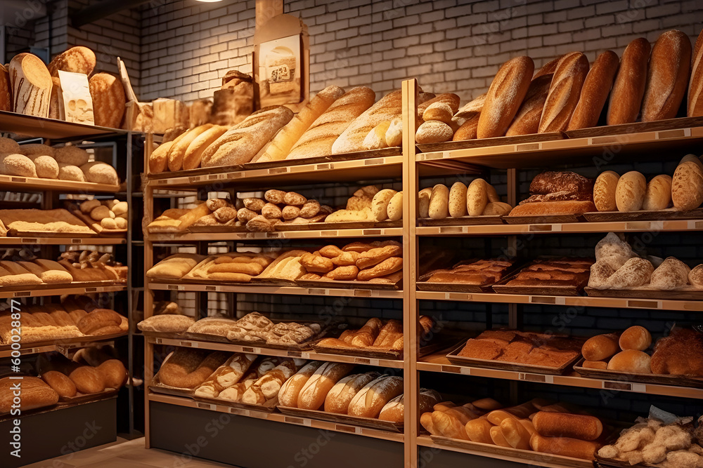 Breads on supermarket shelves, Different types of bread loaves, bread ...