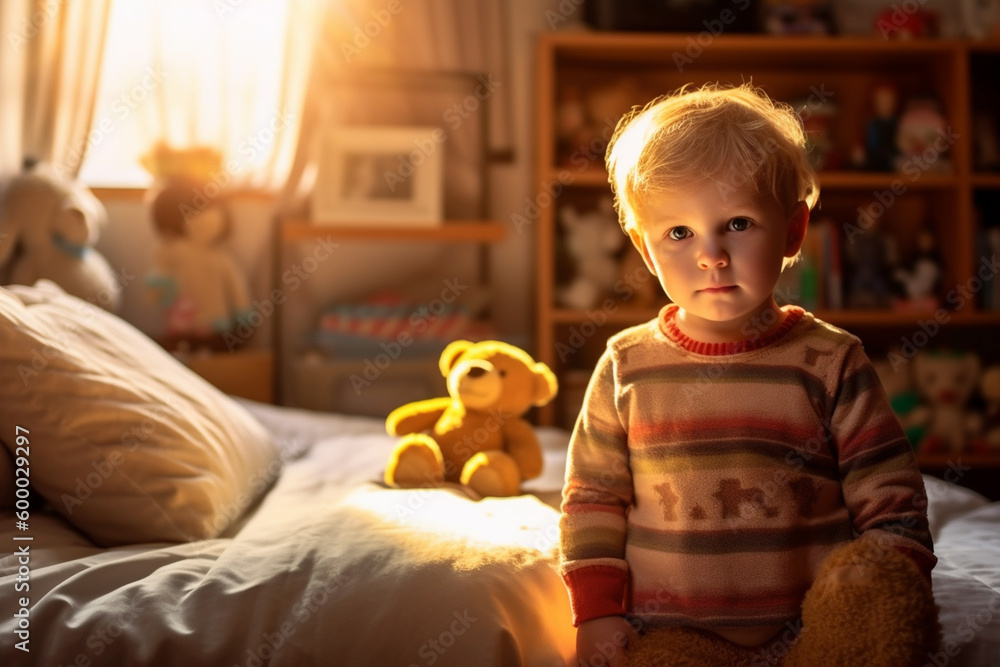 Toddler, sad or nearly crying young boy child kid at home on bed in the ...