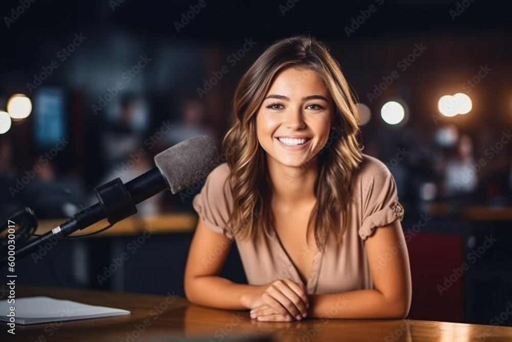 tv presenter in the tv studio, portrait video recording, smiling ...