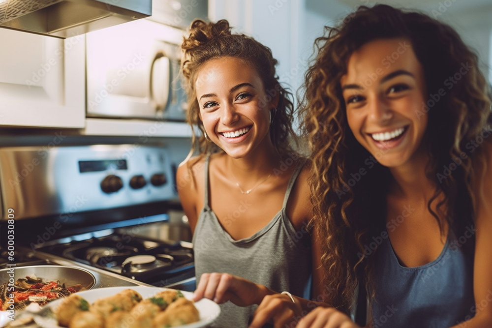 two sisters or friends together in the kitchen, glass of wine and glass ...