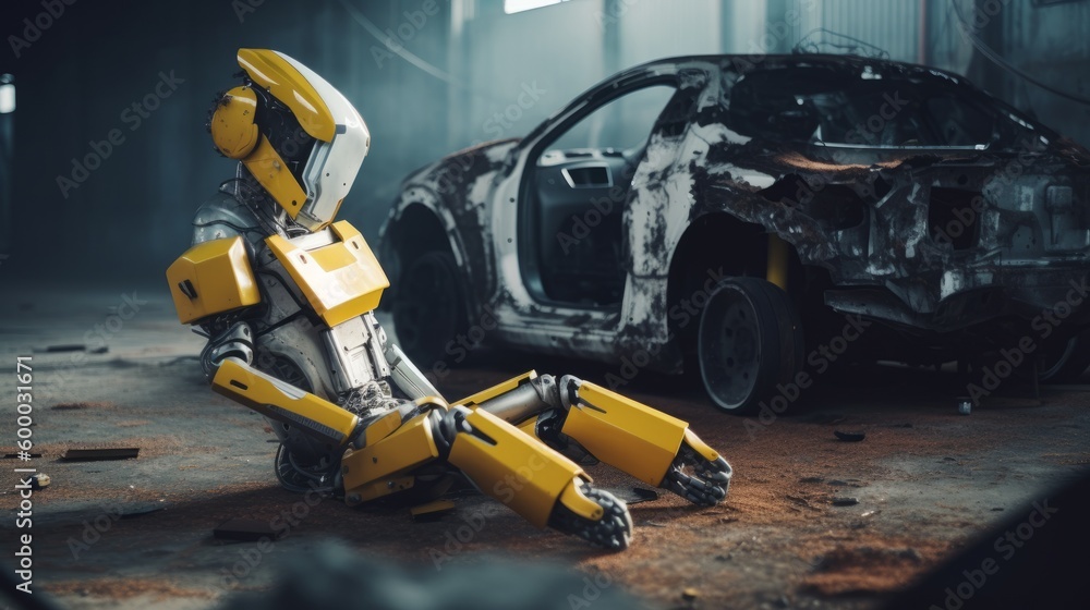 Futuristic Robot Crash Test Dummy Sitting Near Destroyed Car Crash Test ...