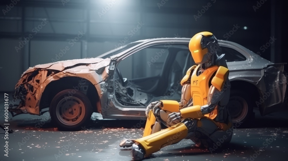 Futuristic Robot Crash Test Dummy Sitting Near Destroyed Car Crash Test ...