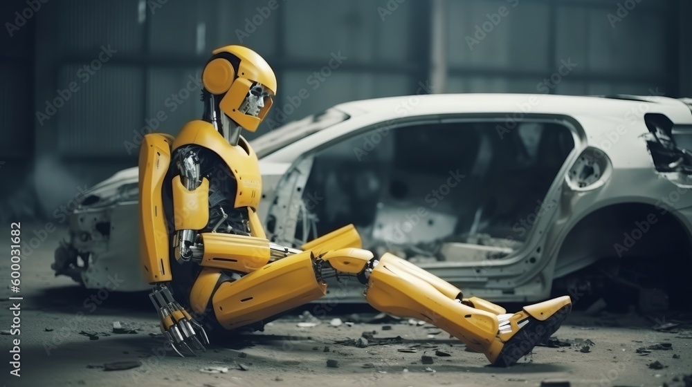 Futuristic Robot Crash Test Dummy Sitting Near Destroyed Car Crash Test ...