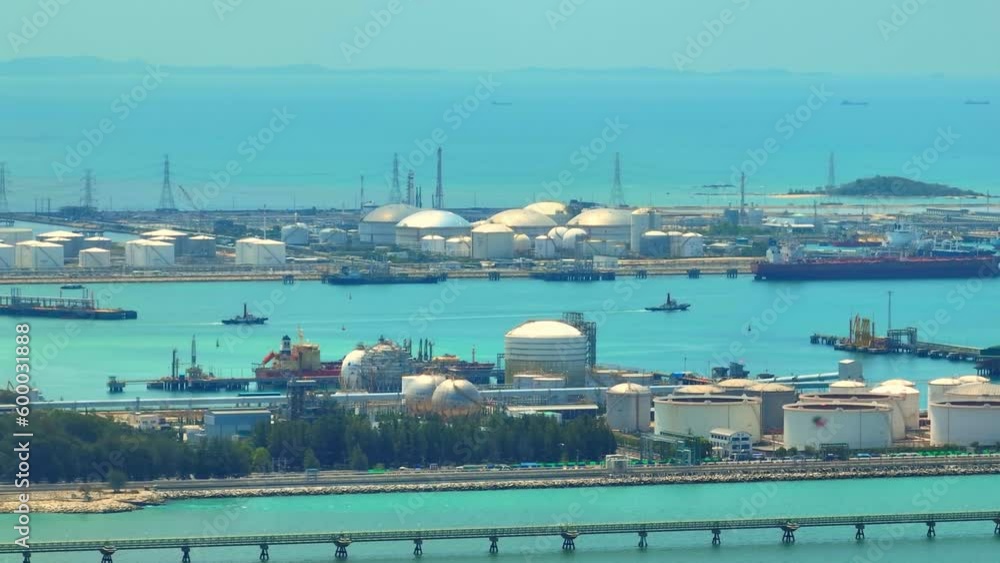 An oil depot viewed from a drone aerial view typically shows a complex ...