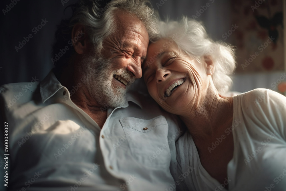 Senior Couple Laughing Together In Bed Fun And Joy Old Man Grandpa