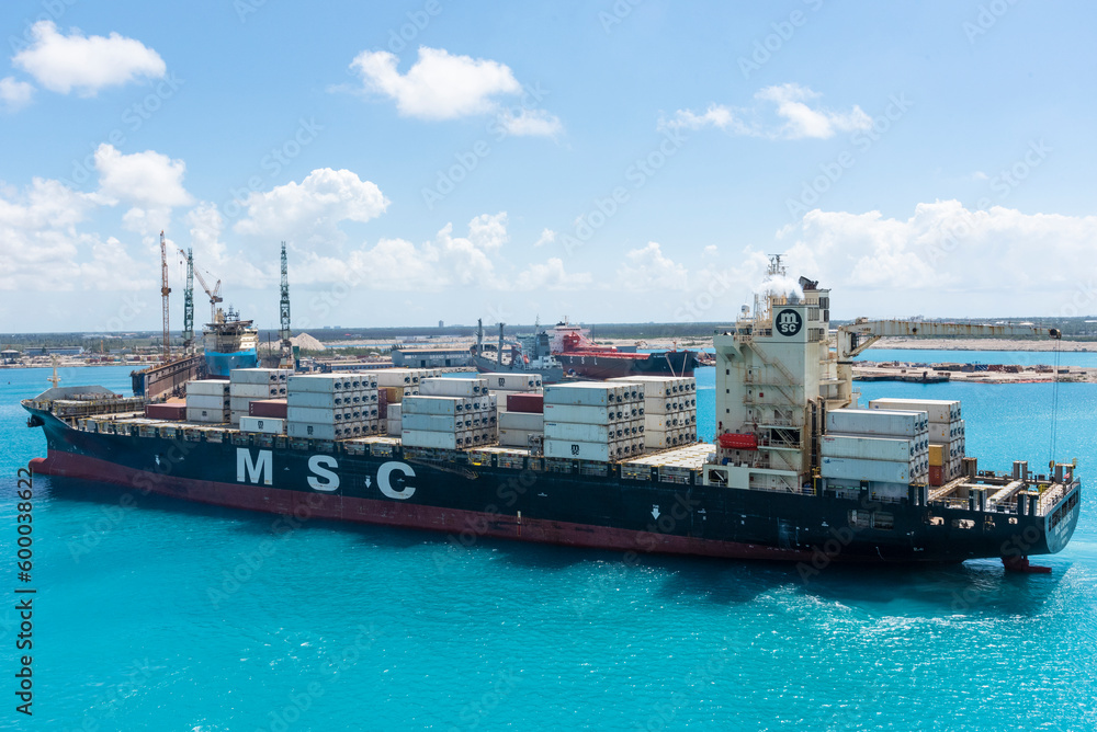 Freeport, Bahamas - April 15, 2023: MSC owned cargo ship departing from ...