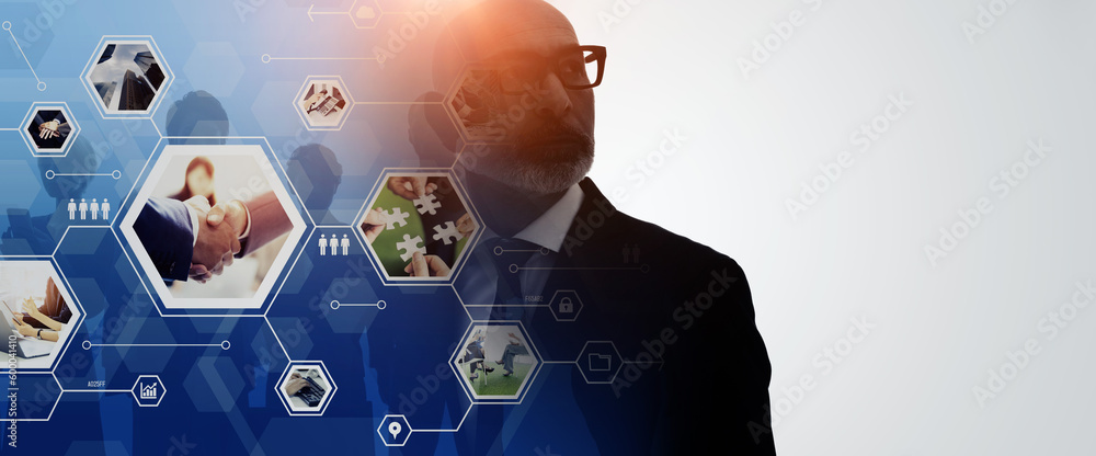 Executive man and business strategy concept. Wide angle visual for ...