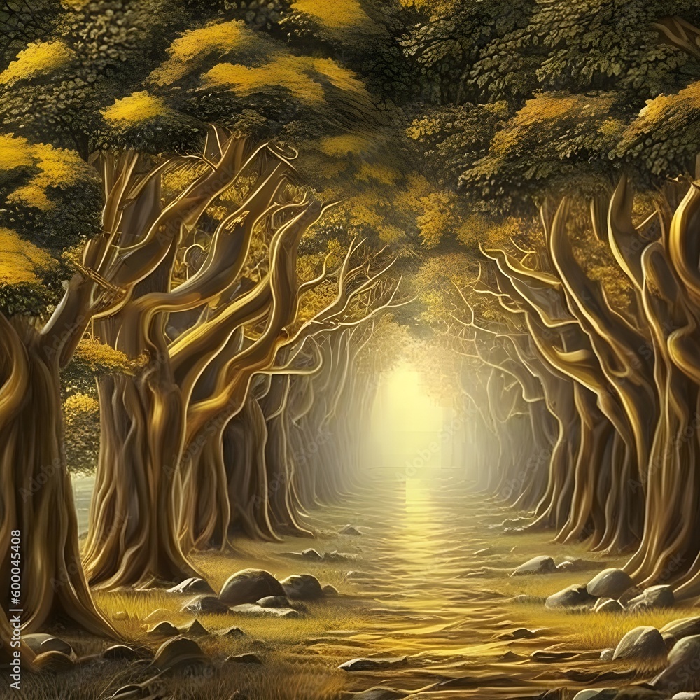 3d modern art mural wallpaper, gold Forest with sunlight shooting in ...