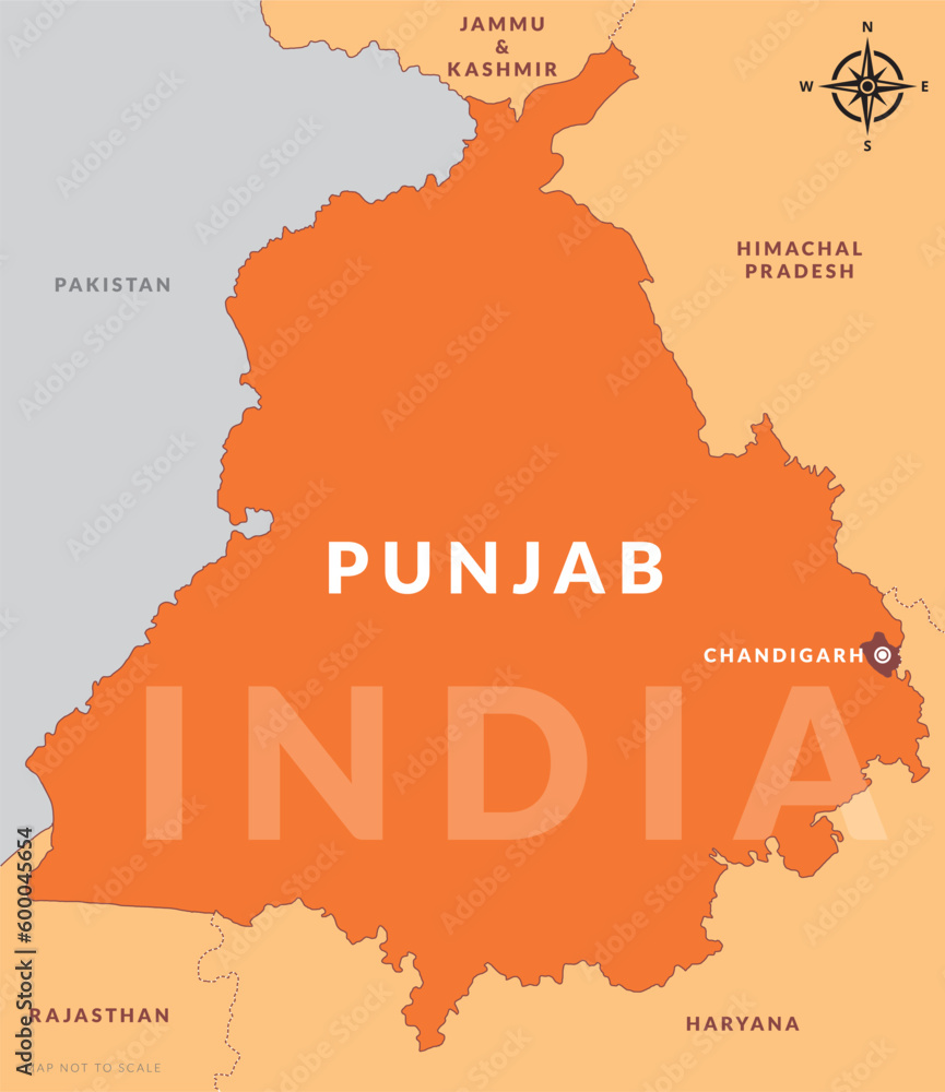 State of Punjab India with capital city Chandigarh hand drawn map Stock ...