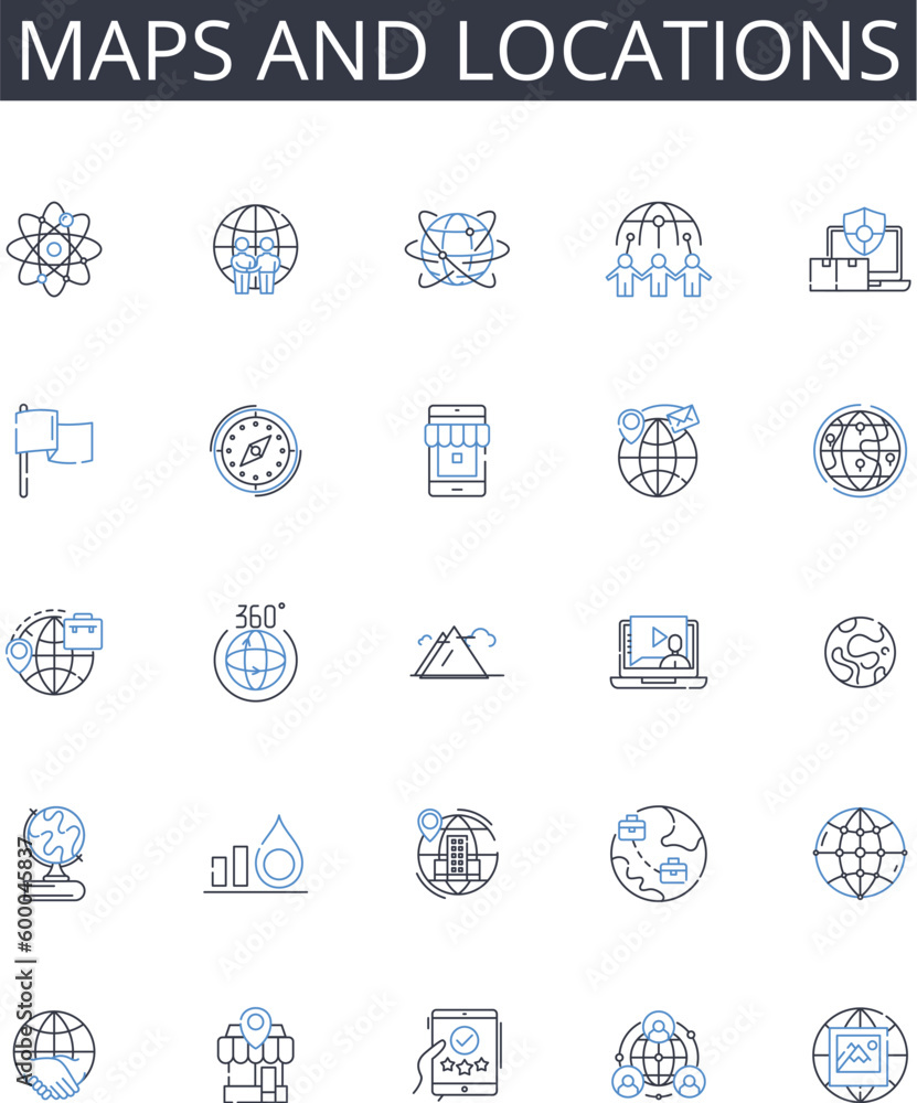 Maps and locations line icons collection. Cartography, Geolocation, Topography, Atlas ...