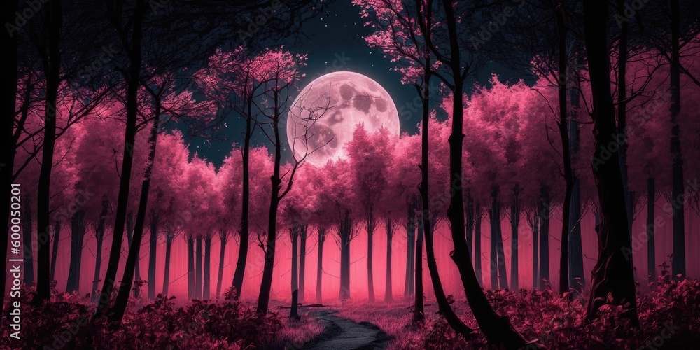 Fantasy pink forest with tall trees in full moon night. superlative ...