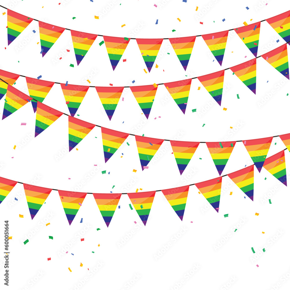 LGBT celebration bunting flags with Confetti on white background ...