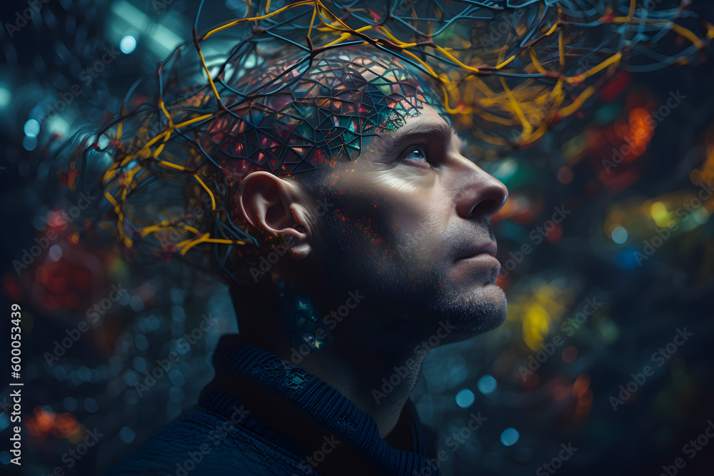 Profile of a male head connected by neurons to a computer processor ...