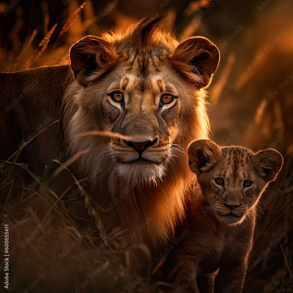 Majestic lion and small cub in golden light. 3D render Stock ...