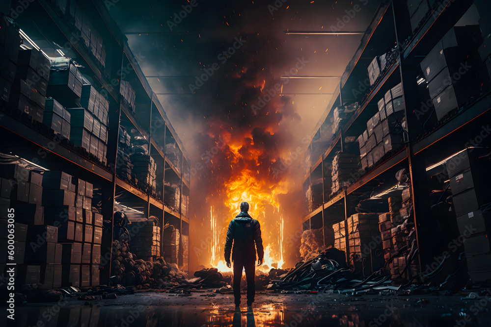 Silhouette of a man in a burning warehouse. Fire in the warehouse of ...