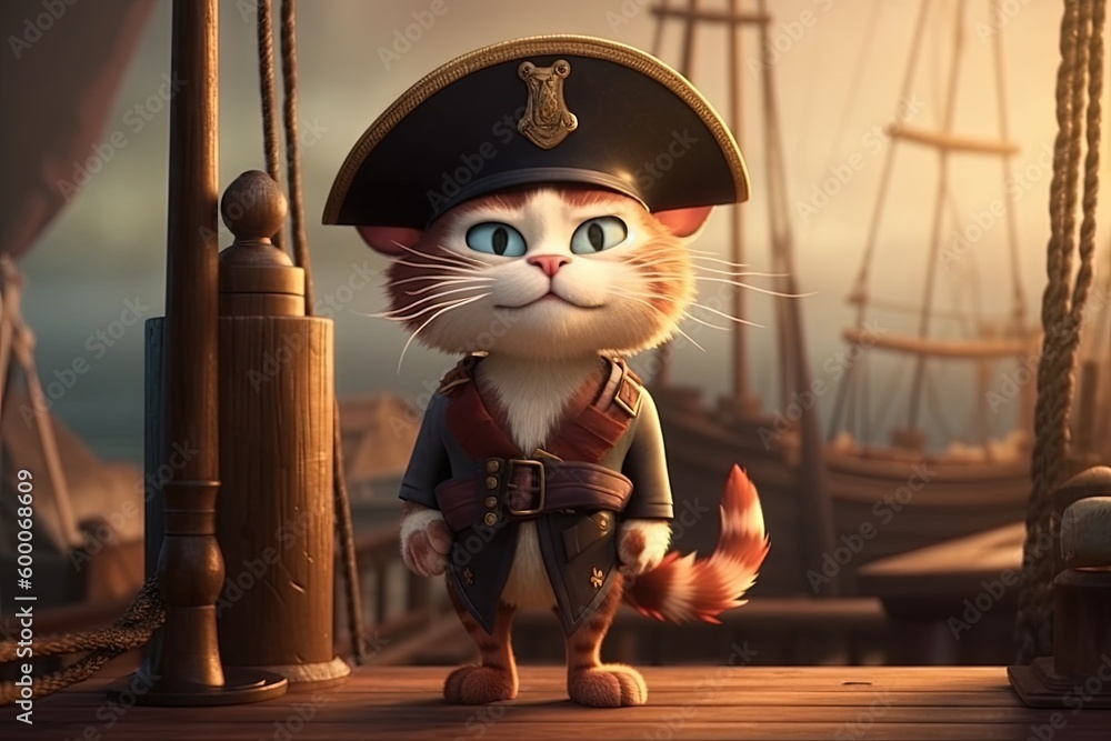 Cat swashbuckling pirate, wearing tricorne hat standing on the deck of ...