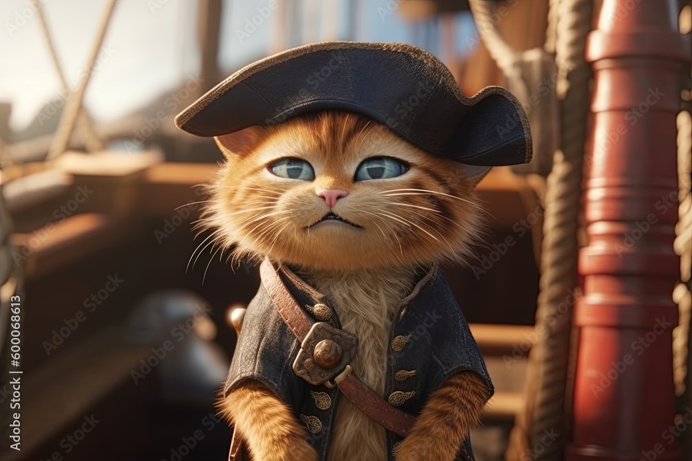 Cat swashbuckling pirate, wearing tricorne hat standing on the deck of ...
