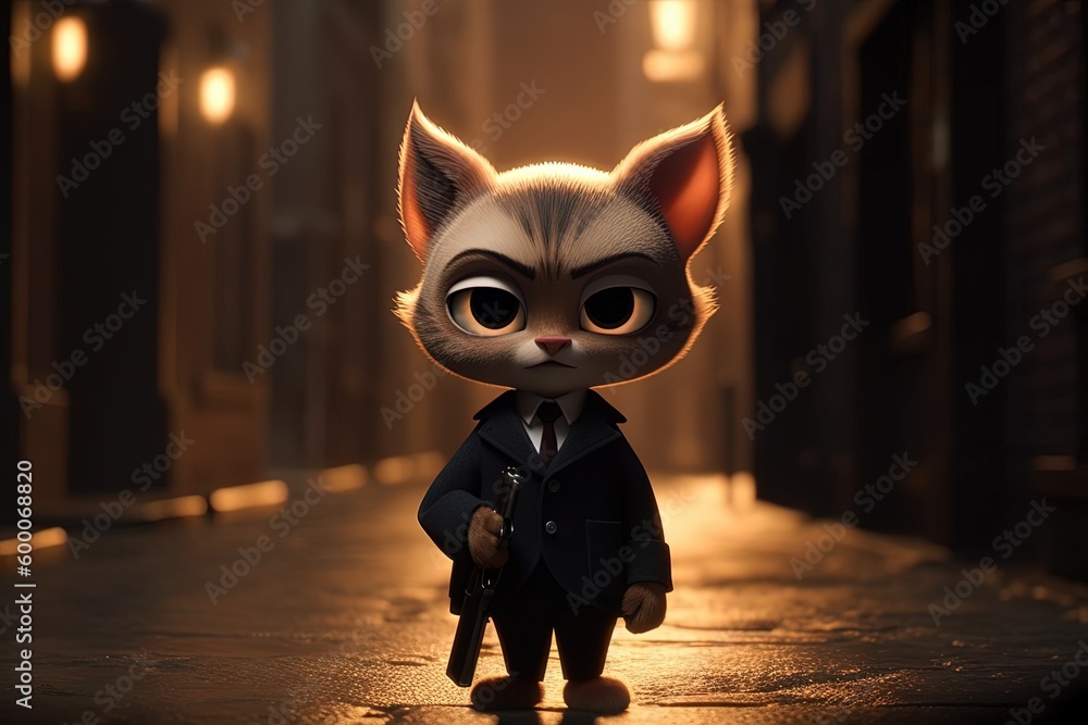 Cat suave secret agent, wearing a sharp suit and holding a silenced ...