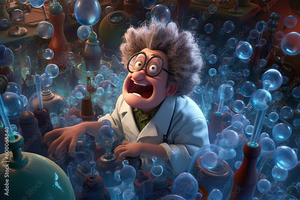 Mad scientist, surrounded by bubbling beakers and whirring machines ...