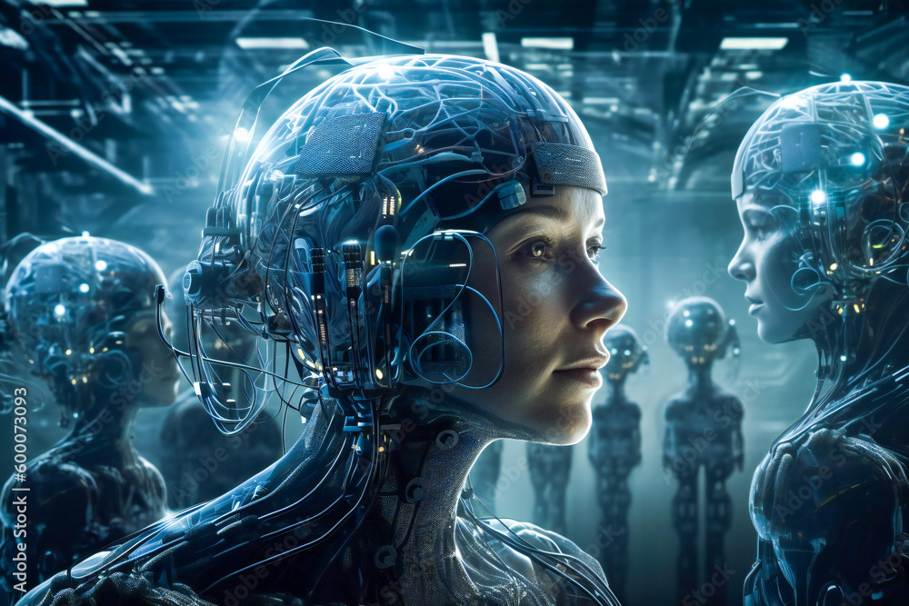 Inter connected human beings or androids. Concept of artificial ...