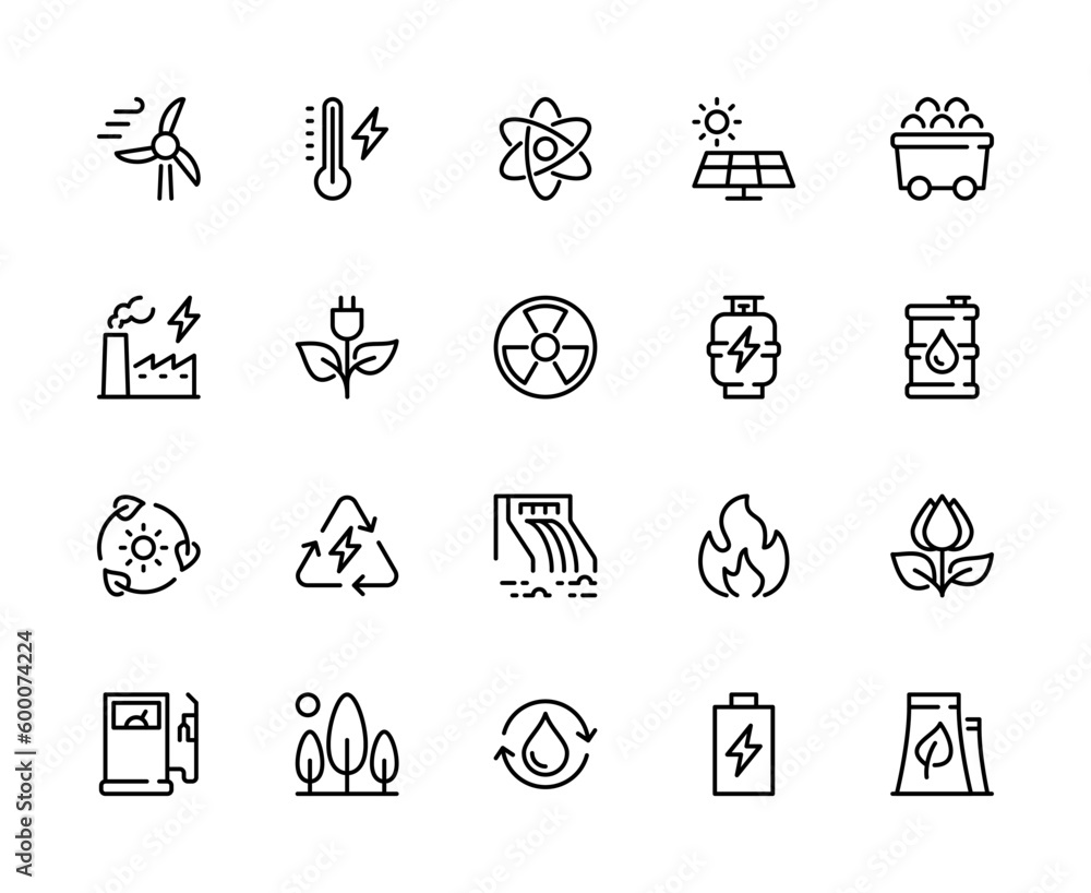 Types of energy vector line icons. Isolated icon collection of energy ...