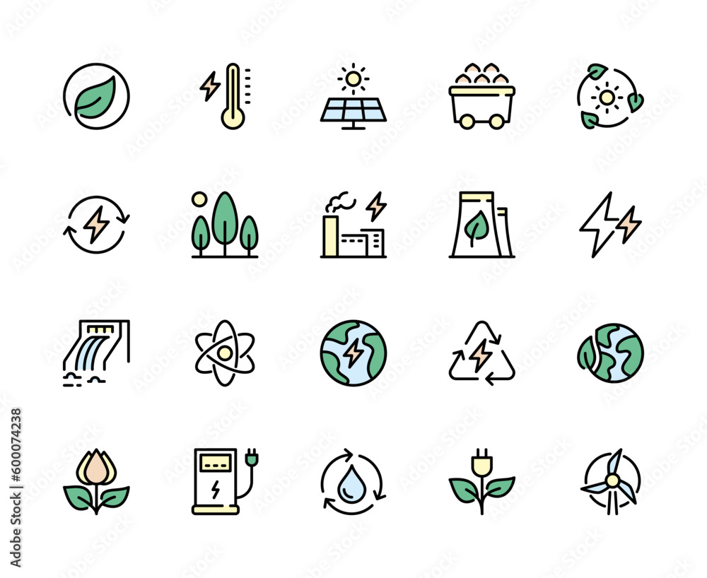 Types of energy vector color icons. Isolated icon collection of energy ...