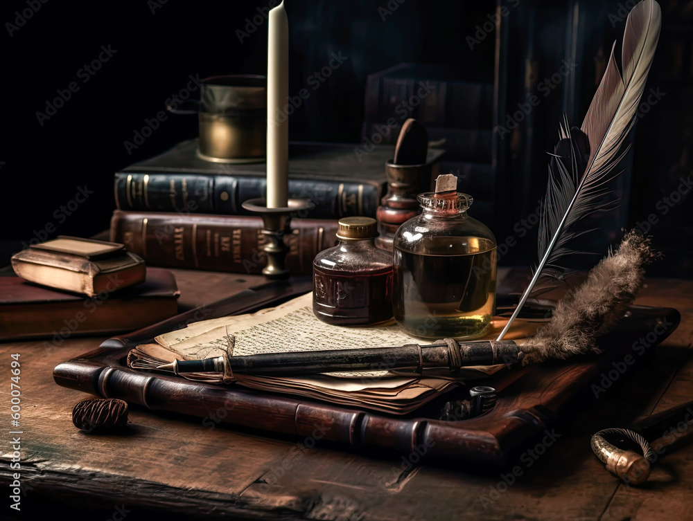 Quill pen and rolled papyrus sheets with old books at candle light ...