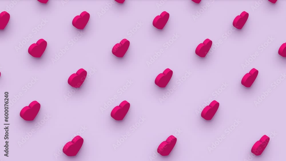 Abstract 3d animation of grid of light pink heart shapes in isometric ...