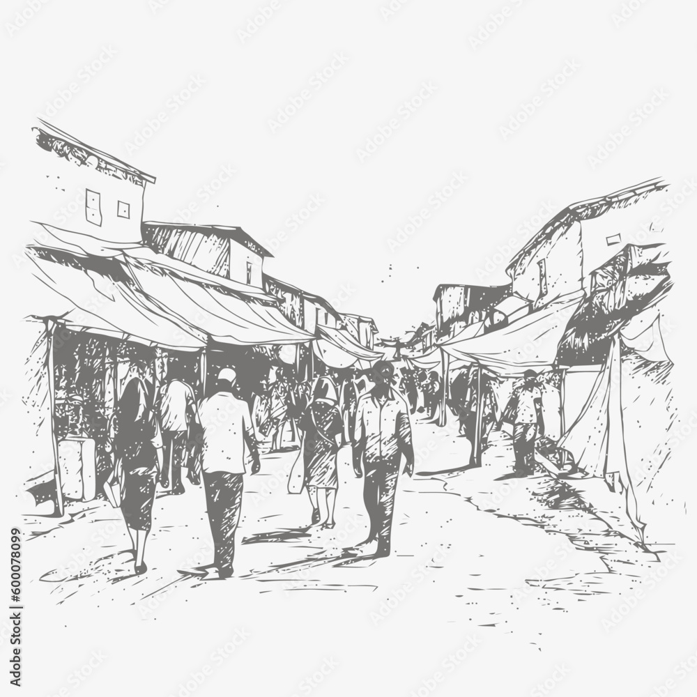 Vecteur Stock Sketch of the people are walking on street at local ...