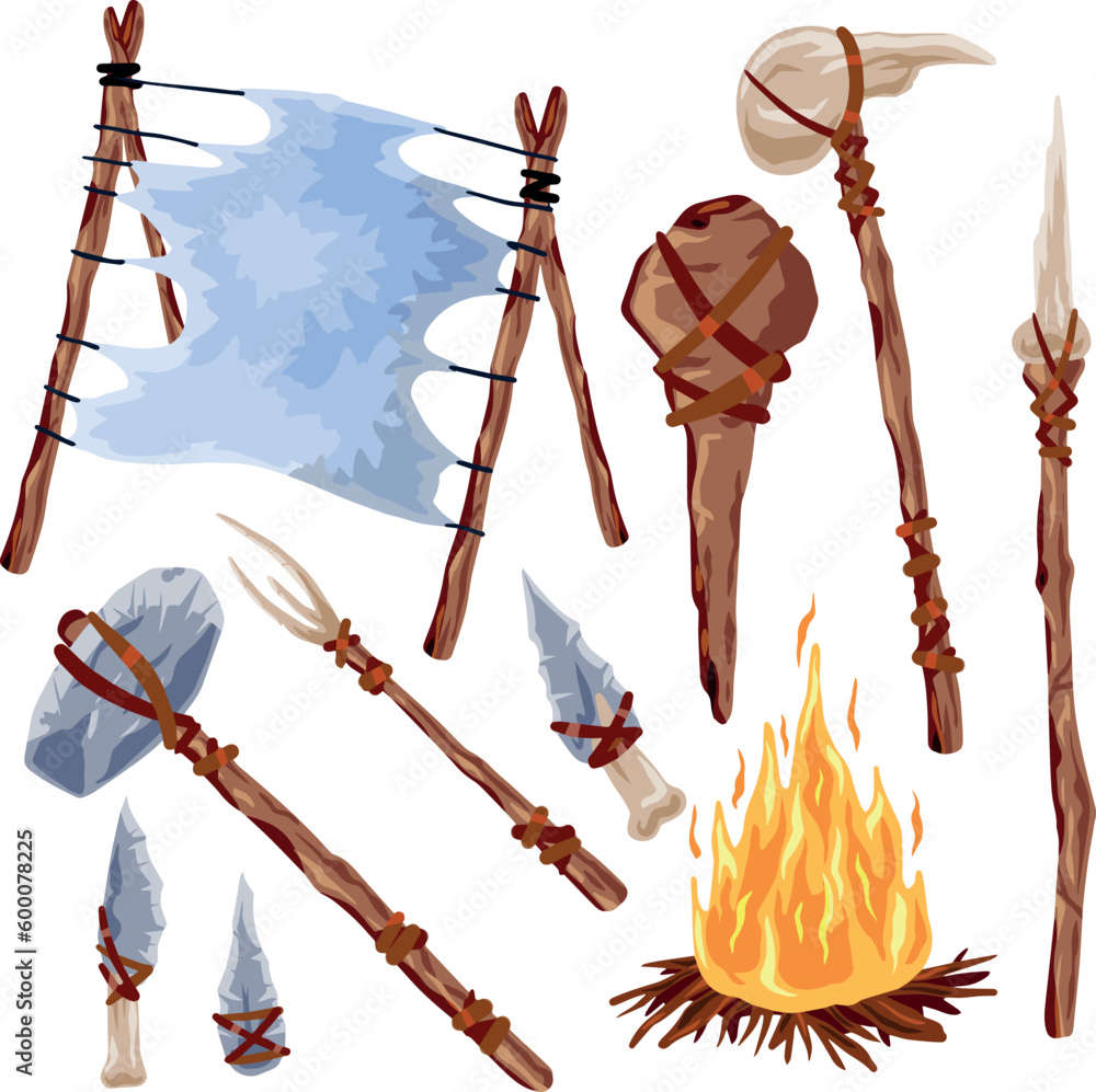 Prehistoric weapons. Set of caveman tools. Stock Vector | Adobe Stock