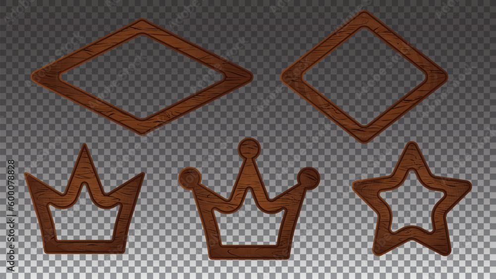 Wooden crown and star vector frame game ui border. Cartoon wood texture ...