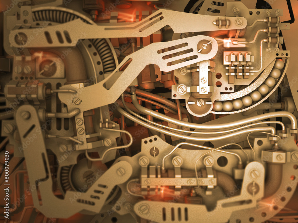 Dark and abstract 3D illustration featuring mechanical gears, pipes ...