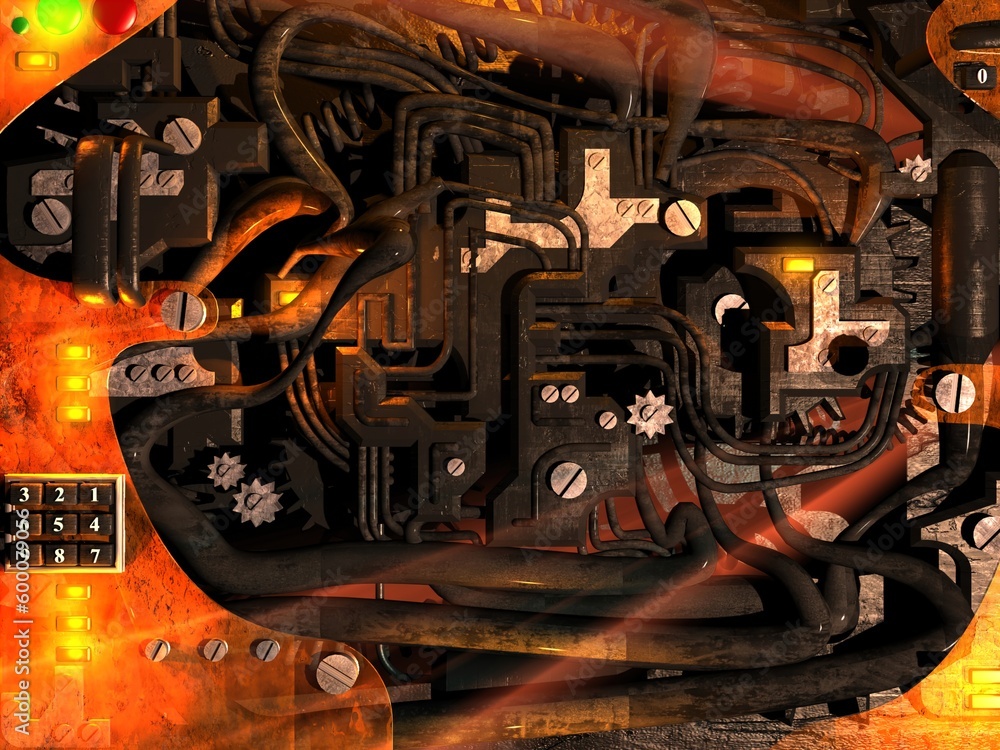Dark and abstract 3D illustration featuring mechanical gears, pipes ...