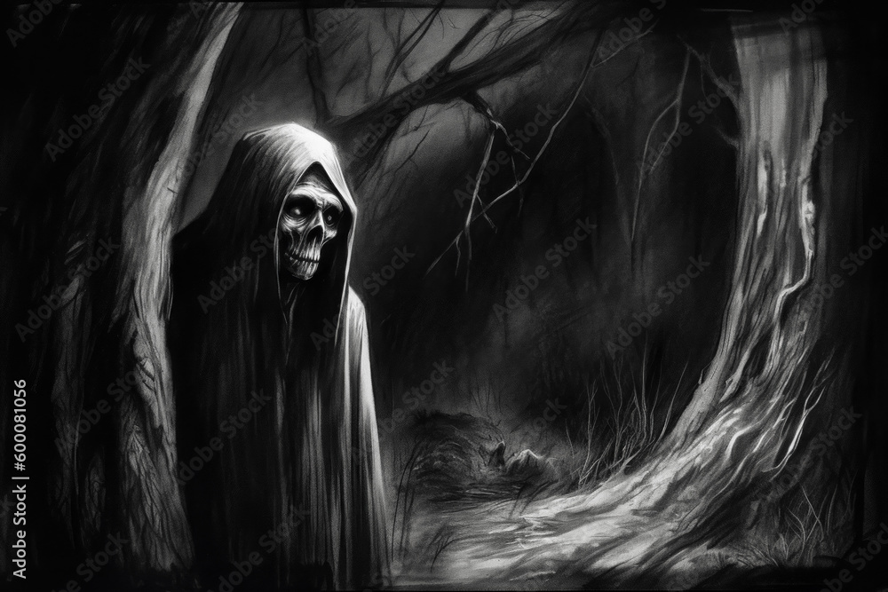 Black and white drawing of skeleton in hooded cloak in dark forest ...