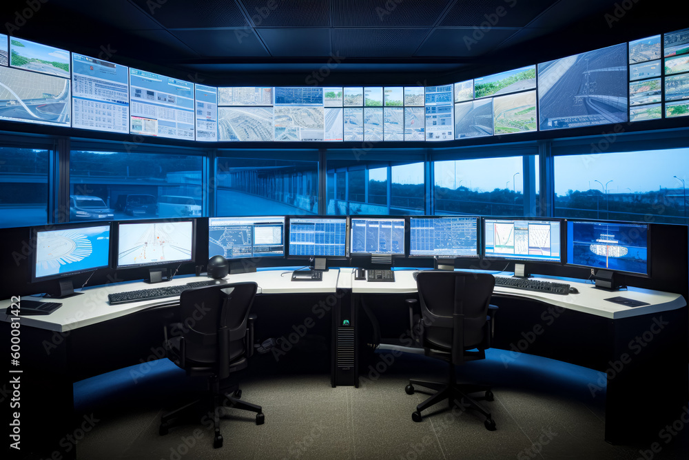Control room with multiple monitors and lot of screens on the wall ...