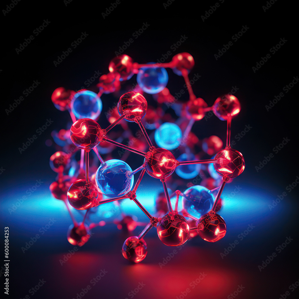 Molecular model with blue and red molecules connections created with ...
