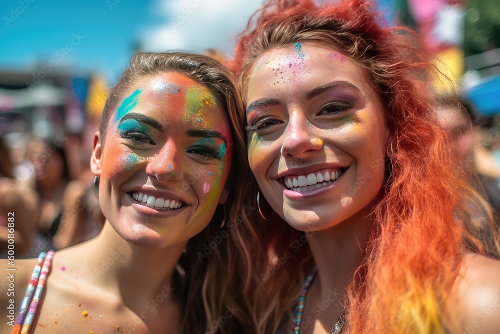 Happy smiling lgbt girls with curly hair in rainbow colored clothing ...