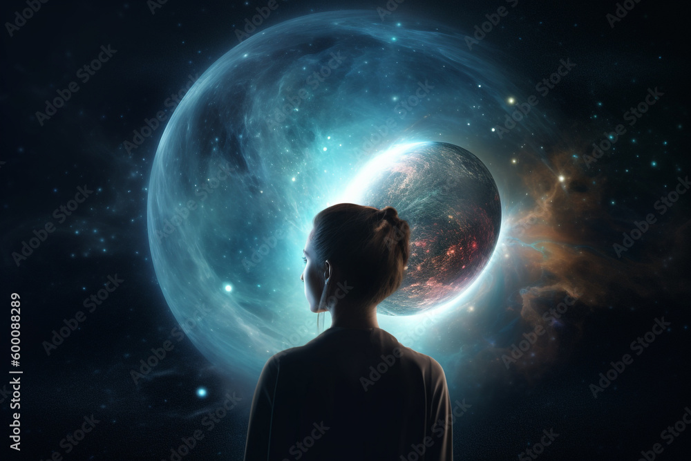 State of mind, birth, meditation concept. Woman, sphere and space ...