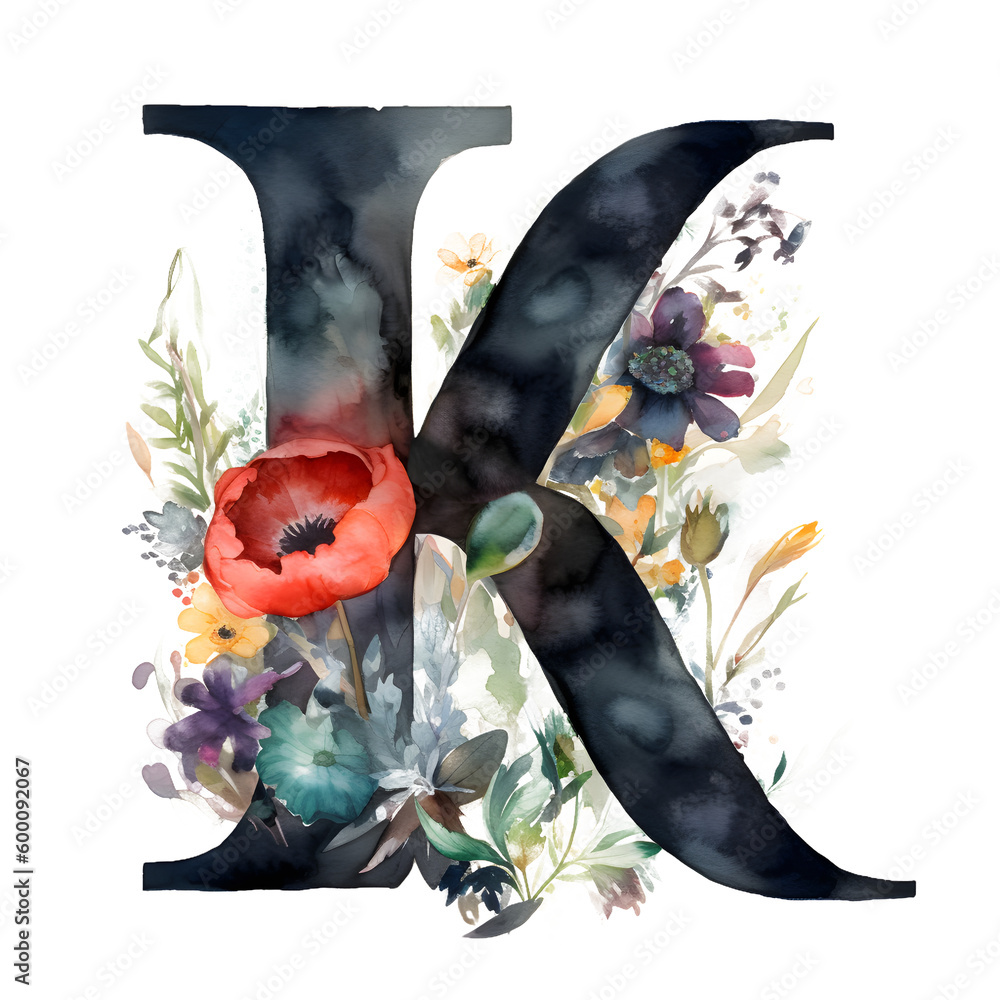 Letter K is surrounded by a vibrant splash of watercolor flowers and ...