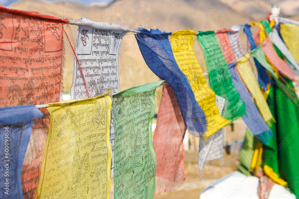 Colorful Buddhism prayer flags, lungta with Buddism symbols in Ladakh ...