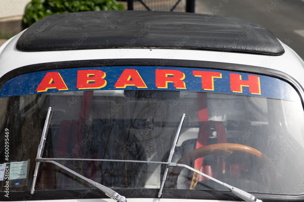 Fiat 500 abarth white vintage model old timer car logo brand and text ...
