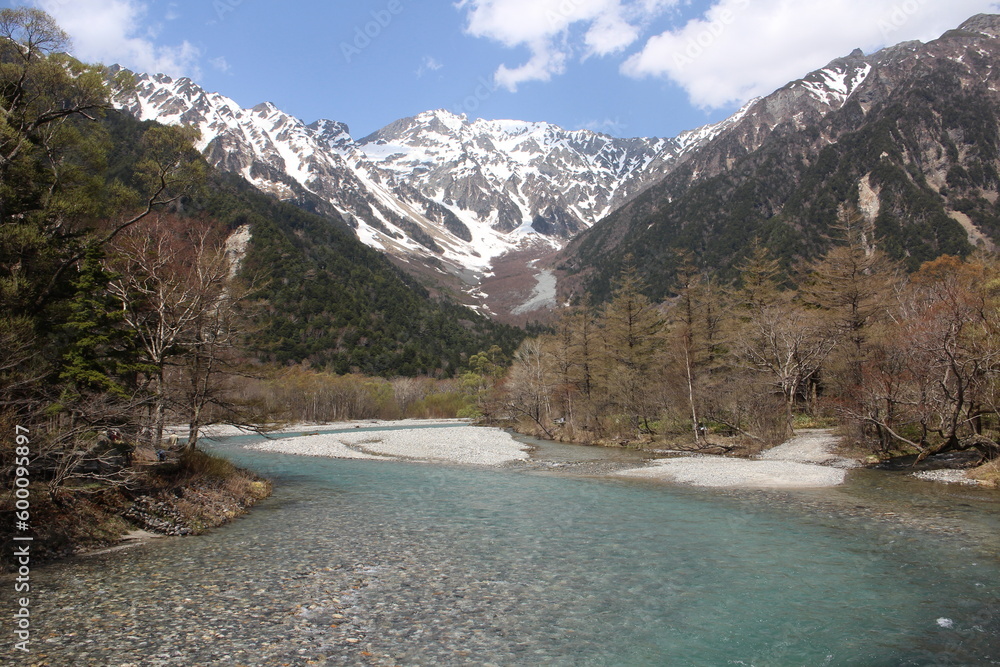 The clear Azusa River and snow-capped Mount Hotaka viewed from Kappa ...