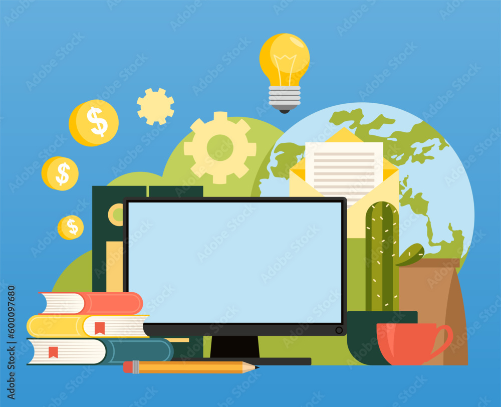 Desktop layout, blank monitor screen. Creative idea of a business ...