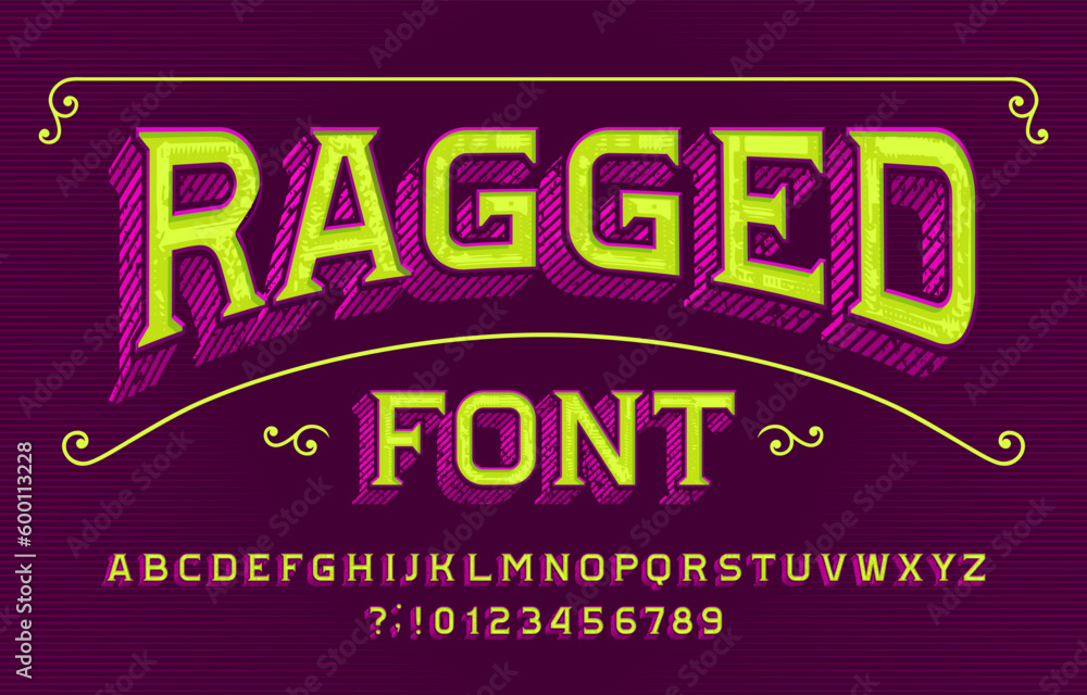 Ragged alphabet font. Bright vintage letters and numbers. Vector ...